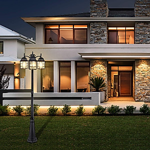3-Head Outdoor Lamp Post Light Fixture, Dusk to Dawn Aluminum Post Lights Hard Wired, Sensor Pole Lights for Yard, Street Light Posts for outside with Water Ripple Glass Shade, E26 Base