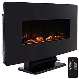 Sunnydaze 35.75-Inch Curved Face Indoor LED Electric Fireplace - Floating/Tabletop- 7 Flame Colors - Black Finish