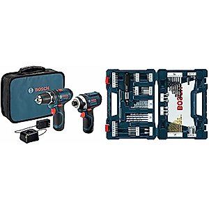 Bosch Power Tools Drill Kit - CLPK22-120 - 12-Volt Lithium-Ion 2-Tool Combo Kit (Drill/Driver and Impact Driver) with 2 Batteries, Charger and Case w/ 91 pc drill and drive bit set