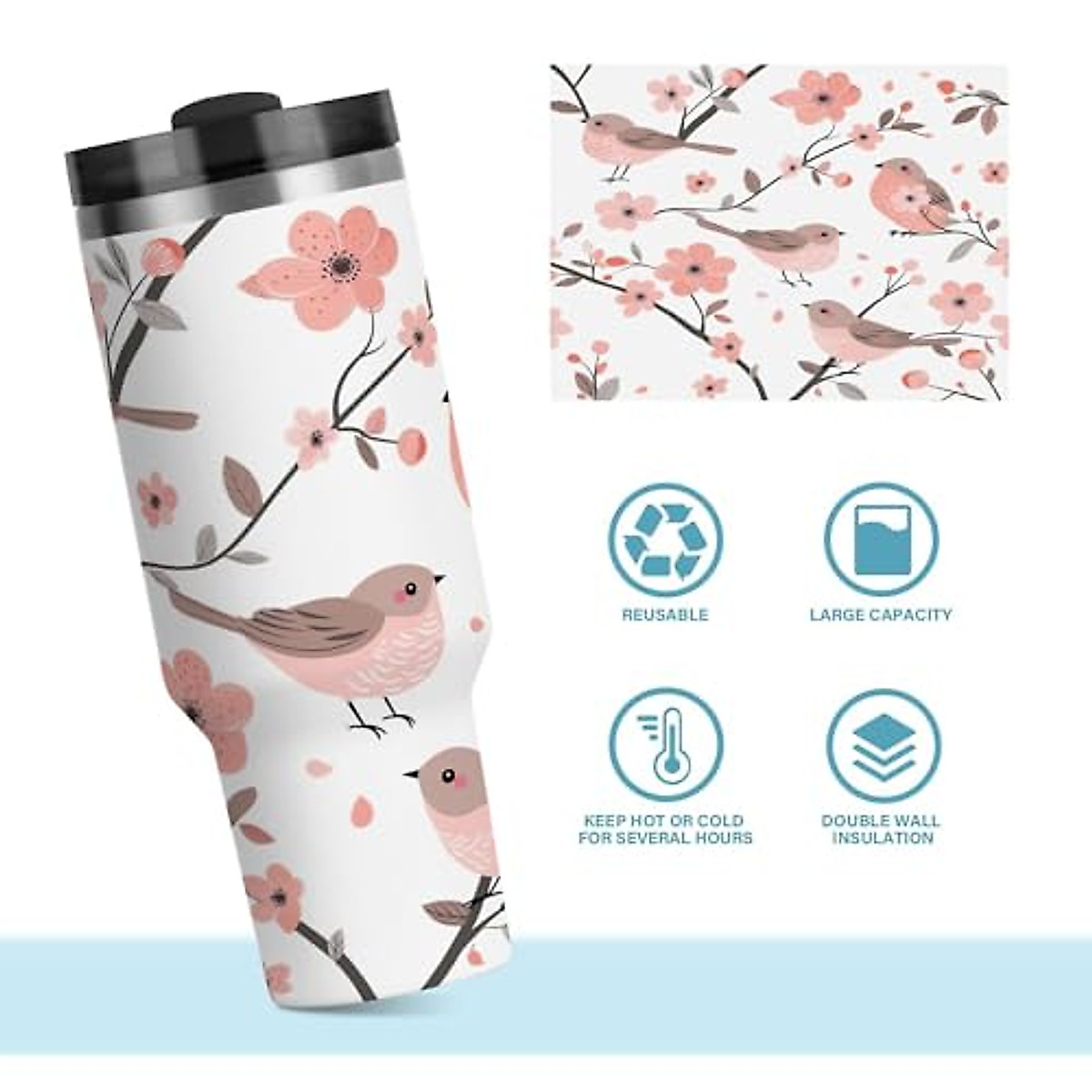 FRCSDIY Birds and Flowers Insulated Tumbler with Handle and Straw Lid,40oz Leakproof Stainless Steel Cup BPA-Free Water Bottle