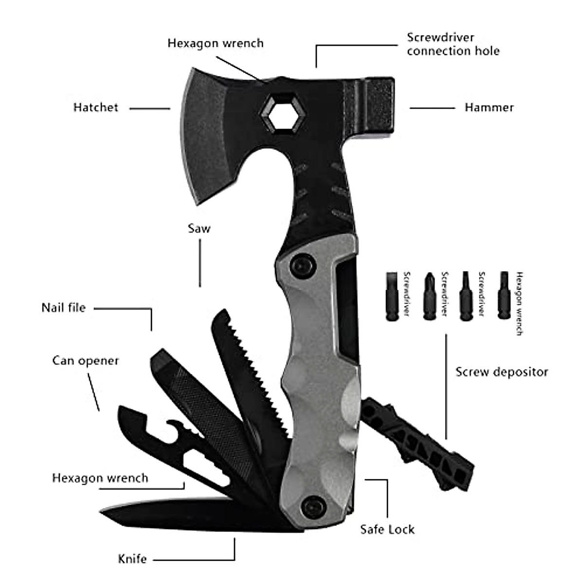 Multi-function Axe, hammer, knife, suitable for camping, fishing, outdoorsy, emergency survival, a unique gifts for men.
