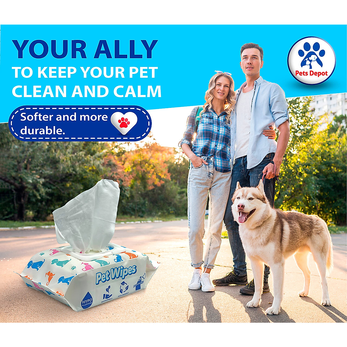 Pets Depot 100 Gentle Puppy Wipes for Butt and Paws - Hypoallergenic, Easy to Use for Dog and Cat Cleaning and Deodorizing - Wet Grooming Wipes to Sanitize Your Pet's Toys