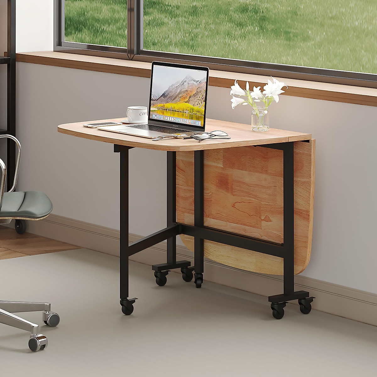 Rukulin Multifunction Table Drop Leaf Dining Table - 47" Solid Wooden Foldable Kitchen Table with 6 Wheels (Natural)