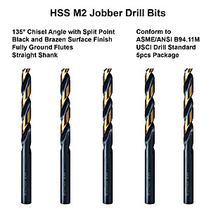 MAXTOOL 5.0mm 5pcs Identical Jobber Length Drills HSS M2 Twist Drill Bits Metric Fully Ground Black & Bronze Straight Shank Drills; JBM02H10R050P5