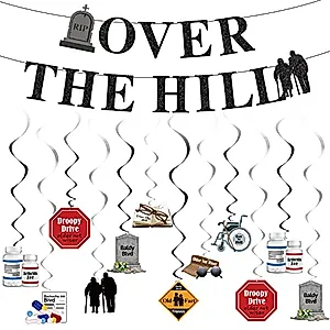55 Pcs Over The Hill Party Supplies Over The Hill Glitter Banner Old Age Hanging Swirls Old People Gifts 50th/ 60th/ 70th Birthday Decor for Old Age Birthday Anniversary Retirement Party Decoration
