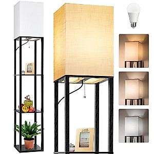 Floor Lamp with Shelves,Shelf Floor Lamps for Living Room with 3 Color Temperature LED Bulb,Storage Wood Texture Modern Floor Lamp with White Linen Shade,Display Standing Lamp for Living Room, Bedroom