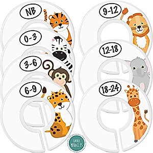 Baby Closet Size Dividers - 7X Safari Nursery Closet Dividers for Baby Clothes - Elephant Giraffe Zebra Lion Monkey Cheetah Nursery Decor - Baby Closet Dividers for Boy or Girl - [Safari] [White]