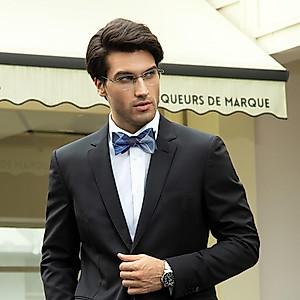 HISDERN Bow Ties for Men Check Plaid Self Tie Bow Tie and Pocket Square Classic Navy Blue Bowtie Formal Tuxedo Wedding Bowties Handkerchief Set