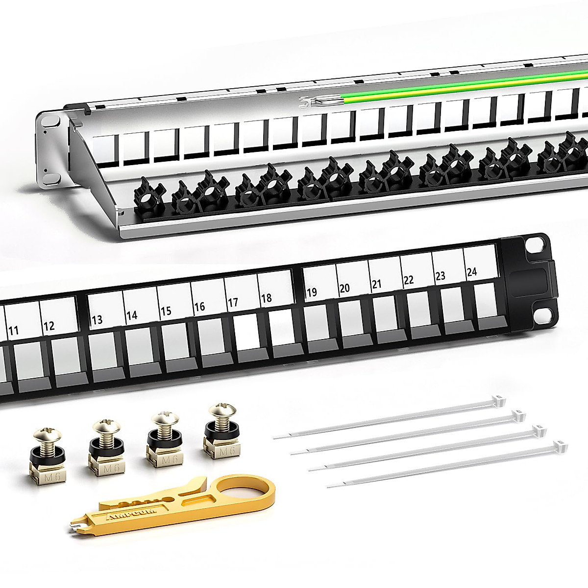 AMPCOM 24 Ports 1U Blank Keystone Patch Panel, 19 inch Rack or Wall Mount with Rear Cable Management Panel for Ethernet CAT5e/CAT6/CAT7, USB, HDMI