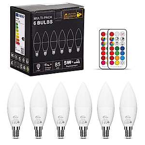 E12 LED Light Bulbs 5W,40W Equivalent, Small Base B11 Candelabra Light Bulbs, Set of 6 LED Color Changing Light Bulbs, Dimmable Color Candle Bulb with Remote Control RGB Cool White 5700K