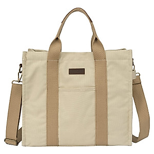 VASCHY Canvas tote bag, Casual Reusable Work Totes for Women Teachers with Zippers Pockets Crossbody Shoulder Bag Purse Apricot