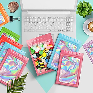 100PCS Smell Proof Mylar Bags Resealable Odor Proof Bags Holographic Packaging Pouch Bag with Clear Window for Food Storage Eyelash Jewelry Candy Electronics Storage (White,5.1x8.3 inch)