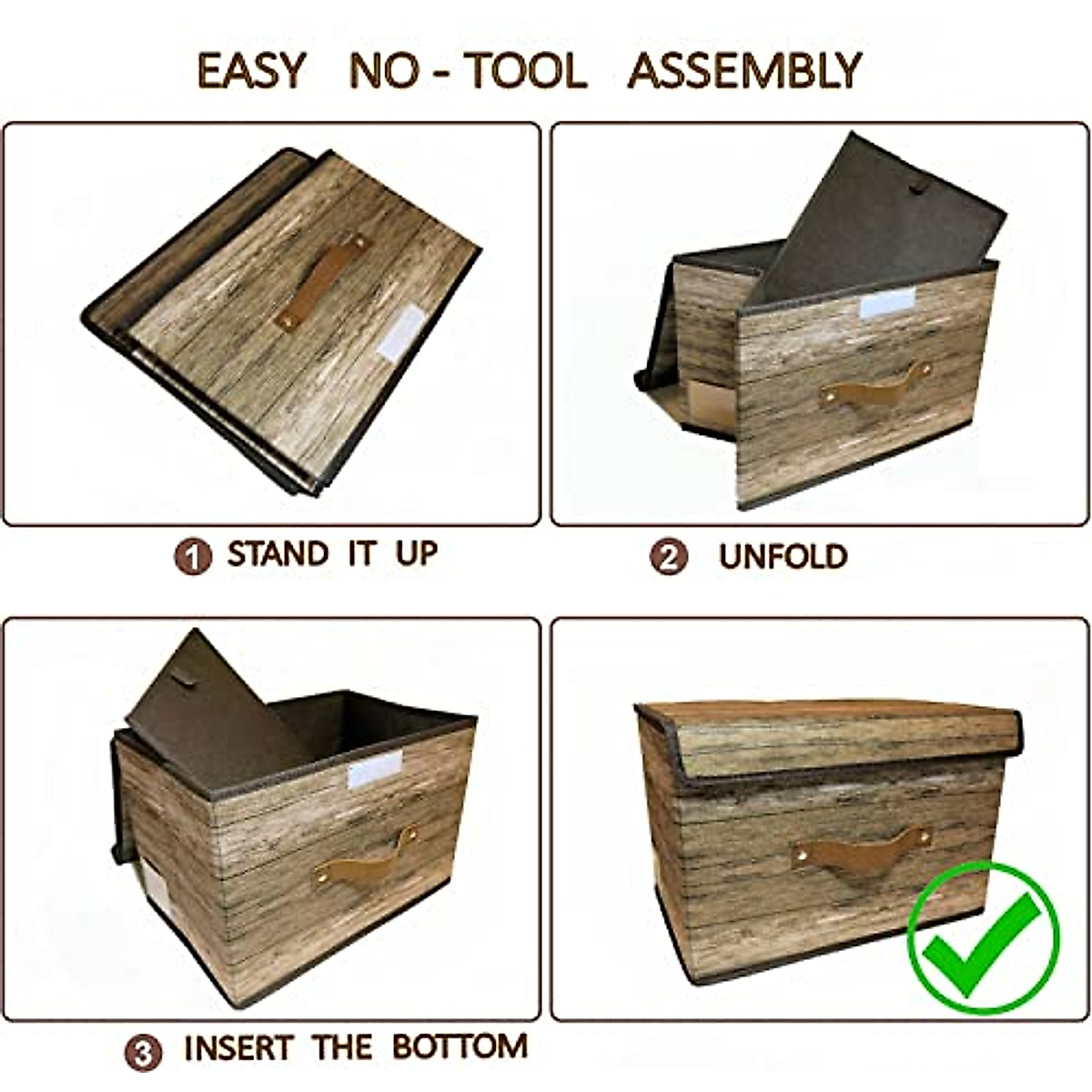 KaleaBoutique KB Foldable Storage Bins with Lids Fabric Collapsible Stacking Boxes, Closet Organizers Storage, Living Room, Laundry Room Bins, Office Home Storage Bins (Set of 3 Bins, Reclaimed Wood)