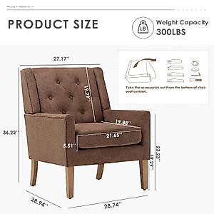 COLAMY Mid-Century Accent Chairs, Modern Wingback Living Room Chair, Upholstered Armchair with Button Tufted Back and Wood Legs for Bedroom/Reading Spaces/Office, Brown