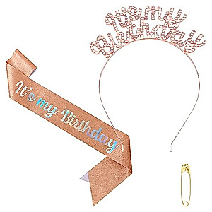 BAHABY Birthday Crowns for Women, It's My Birthday Sash & Birthday Headband Set Princess Birthday Sash and Rhinestone Tiara Birthday Gifts for Women Girls Sweet Happy Birthday Accessories for Party- Rose Gold