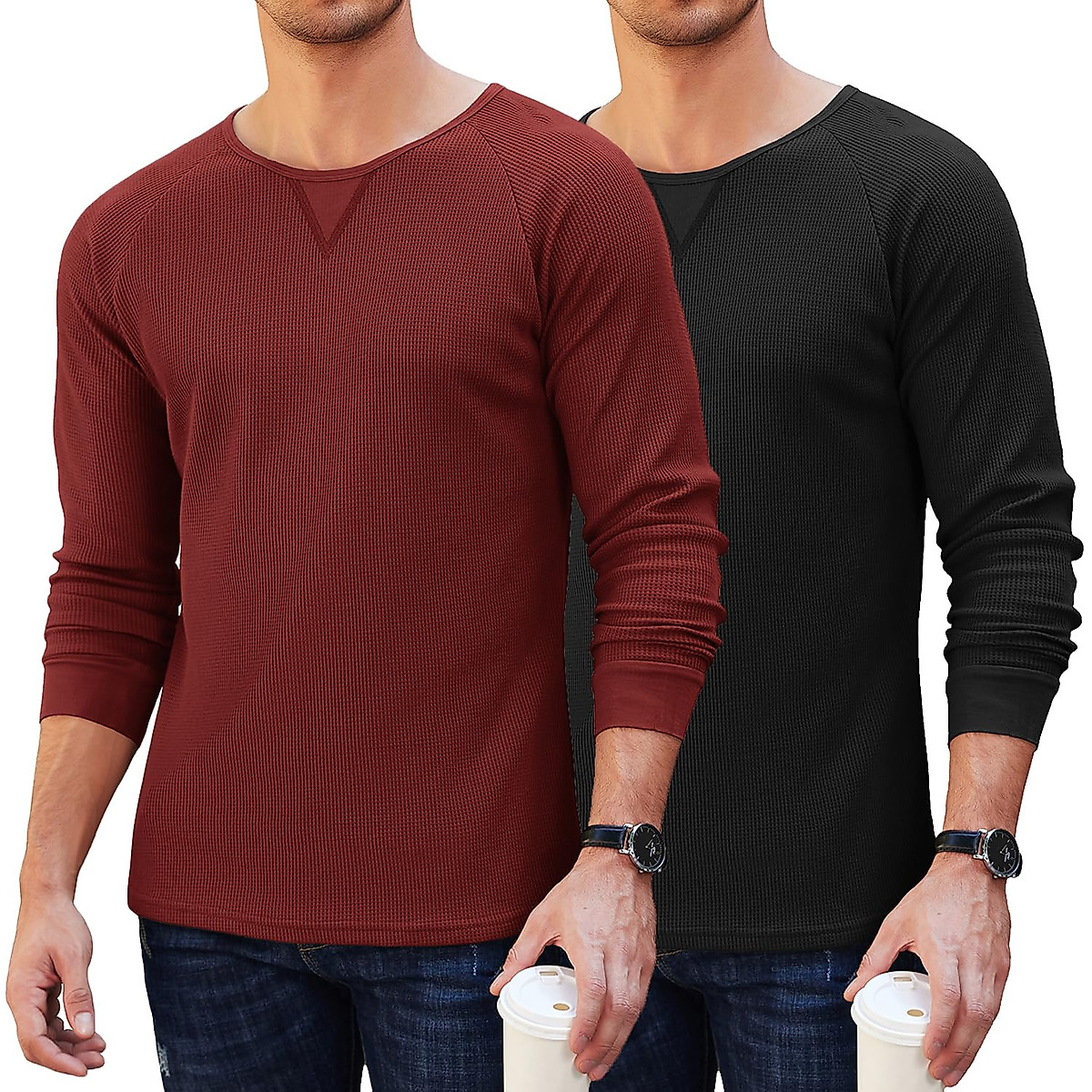 COOFANDY Men's 2 Pack Waffle Shirts Long Sleeve T Shirts Casual Crew Neck Knit Pullover Tops Wine Red/Black