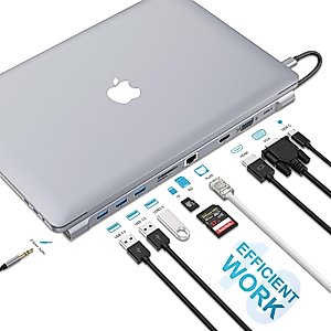 USB C Docking Station for Laptop, USB C Hub 10 in 1 USB C Adapter Docking Station with 4K HDMI & VGA, 3 x USB 3.0, Gigabit Ethernet RJ45 LAN, USB C PD, SD/TF Card Reader, 3.5 mm Audio/Mic