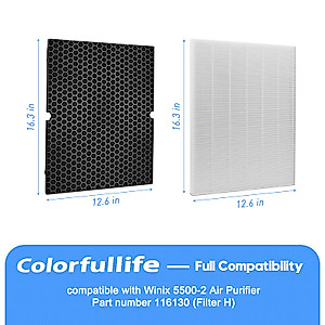 Colorfullife 2 Pack 116130 Replacement Filter H for Winix 5500-2 Air Purifier, 2 Pack HEPA Filters and 2 Pack Activated Carbon Filter Combo Pack