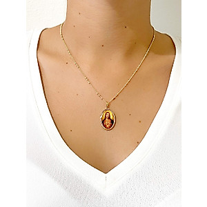 LESLIE BOULES Sacred Heart of Jesus Pendant Necklace for Women 18K Gold Plated Chain Religious Jewelry