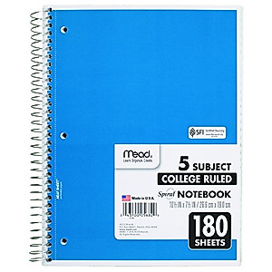 Mead Spiral Notebook, 5 Subject, College Ruled Paper, 180 Sheets, 10-1/2" x 8", Color Selected For You, 1 Count (05682)