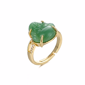 COLORFUL BLING 18k Gold Plated Laughing Buddha Ring Green Jade Cubic Zirconia Gemstone Open Cuff Adjustable Lucky Amulet Jewelry for Women Men-Green Ring