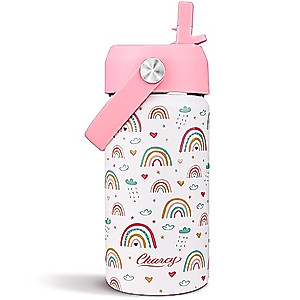 Charcy 12 oz Insulated Water Bottle for Kids, Portable Sports Water Cup Flask with Handle, Travel Thermos Mug, Pink adjustable lid - White Rainbow