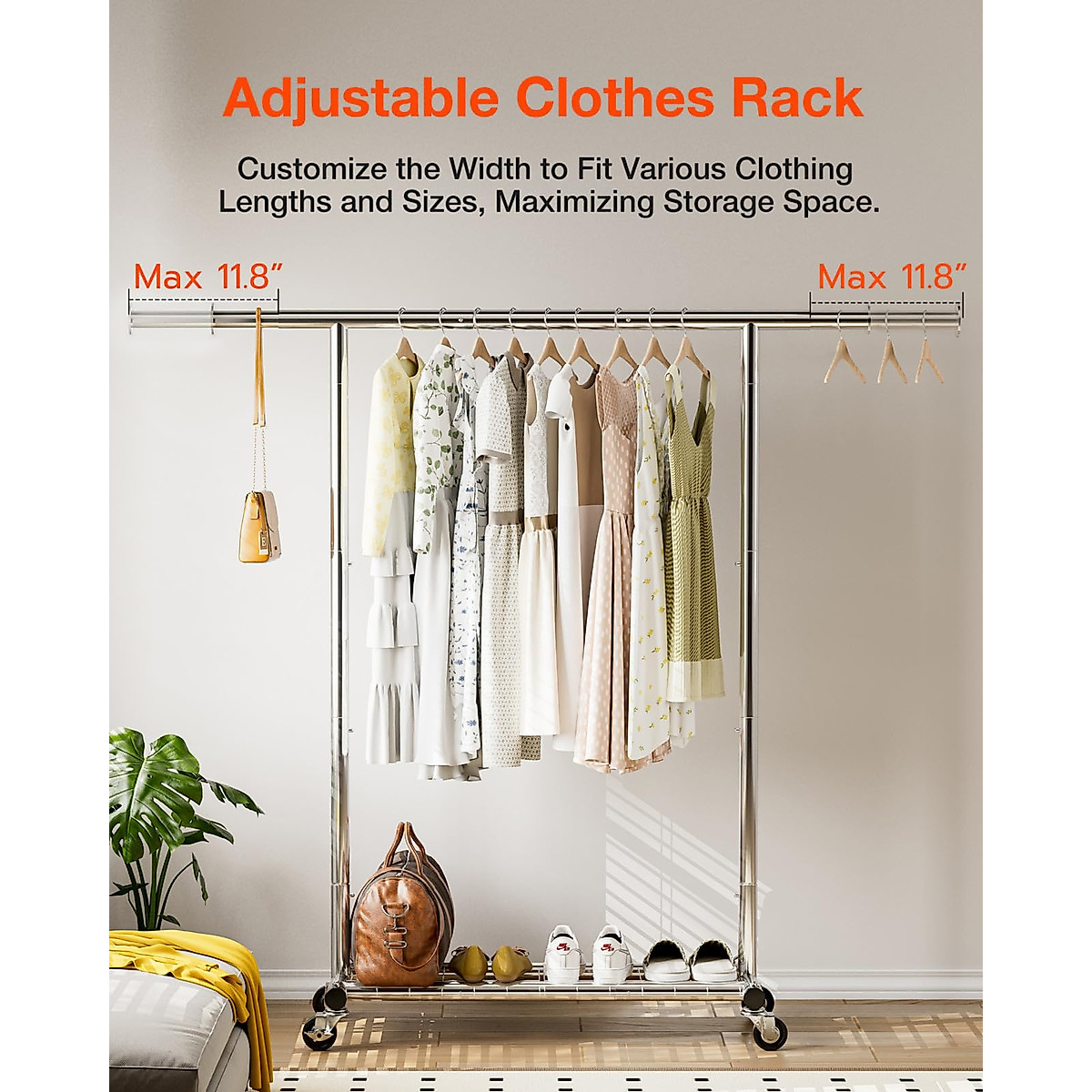 Frylr Heavy Duty Clothing Rack - Portable Metal Garment Rack with Wheels, Rolling Clothes Rack with Adjustable Hanging Rods, and Free Standing Design, Silver