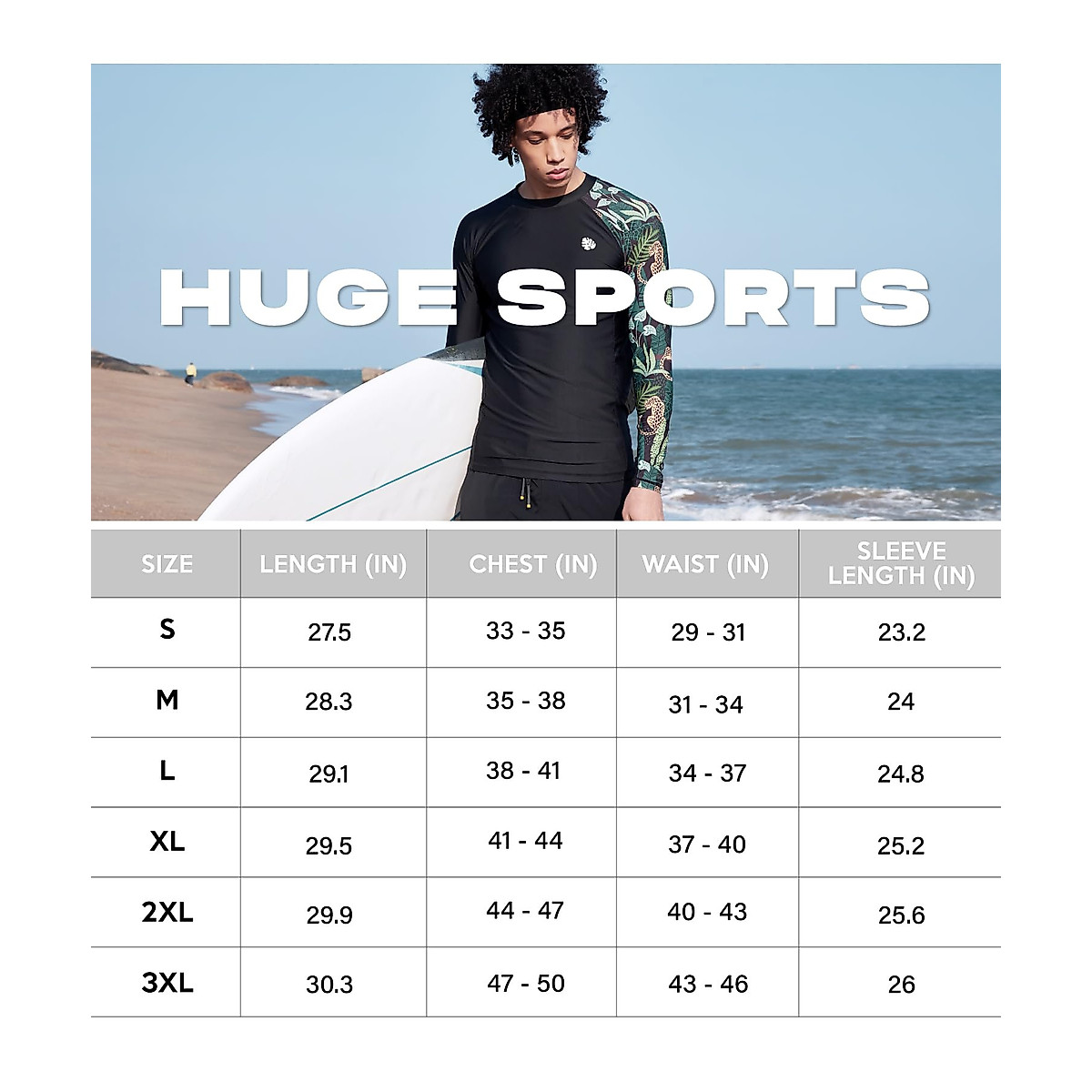 HUGE SPORTS Men's Rash Guard Long Sleeves UPF 50+ UV Sun Protection Quick Drying Splice Compression Swim Shirts Black Leopard