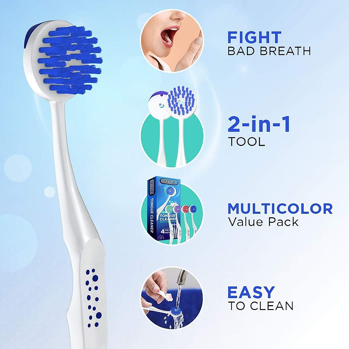 Oralganix 2-in-1 Tongue Cleaner - 4 Pack - Multicolor Tongue Brush and Scraper Tools