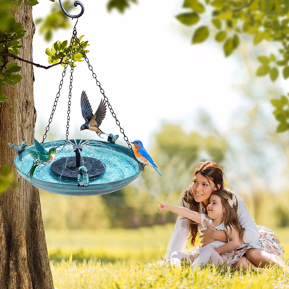 DazSpirit Hanging Solar Bird Bath Fountain, 14.9inch Diameter Green Metal Bird Bath Bowl with Solar Powered Pump & 4 Water Spray Nozzles for Outdoor Garden Backyard Patio Lawn