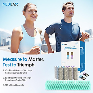 Medilax Blood Ketone and Sugar Strips, Only for Medilax Keto Test and Glucose Meter, 60 Count Diabetic Strips, 60 Count Blood Ketone Strips, 120 Blood Lancets