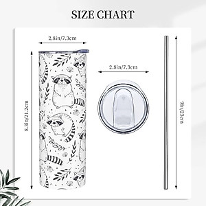 AFHYZY 20 oz Skinny Tumbler Reusable Coffee Travel Mug with Lids and Straws, Insulated Coffee Cups 20oz Stainless Steel Water Bottles Leak Proof for Home, Adults, Women - Raccoon