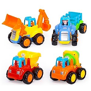Berry President Set of 4: Early Educational Push and Go Friction Powered Car Tractor Bulldozer Mixer Truck and Dumper Toys for Toddler Baby Children Kids Boys Girls (4EngineeringCar)