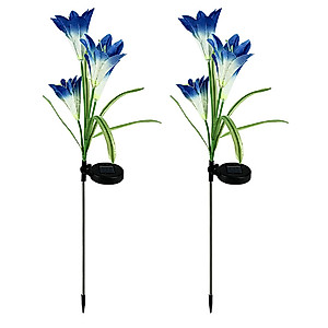 SINGFNH Outdoor Garden Solar Stake Light,2 PCS Beautiful Lily Lamp with Colorful Light,Waterproof Stainless Steel LED Light for Home Garden Patio Courtyard Decoration, 31.4 inch,Blue