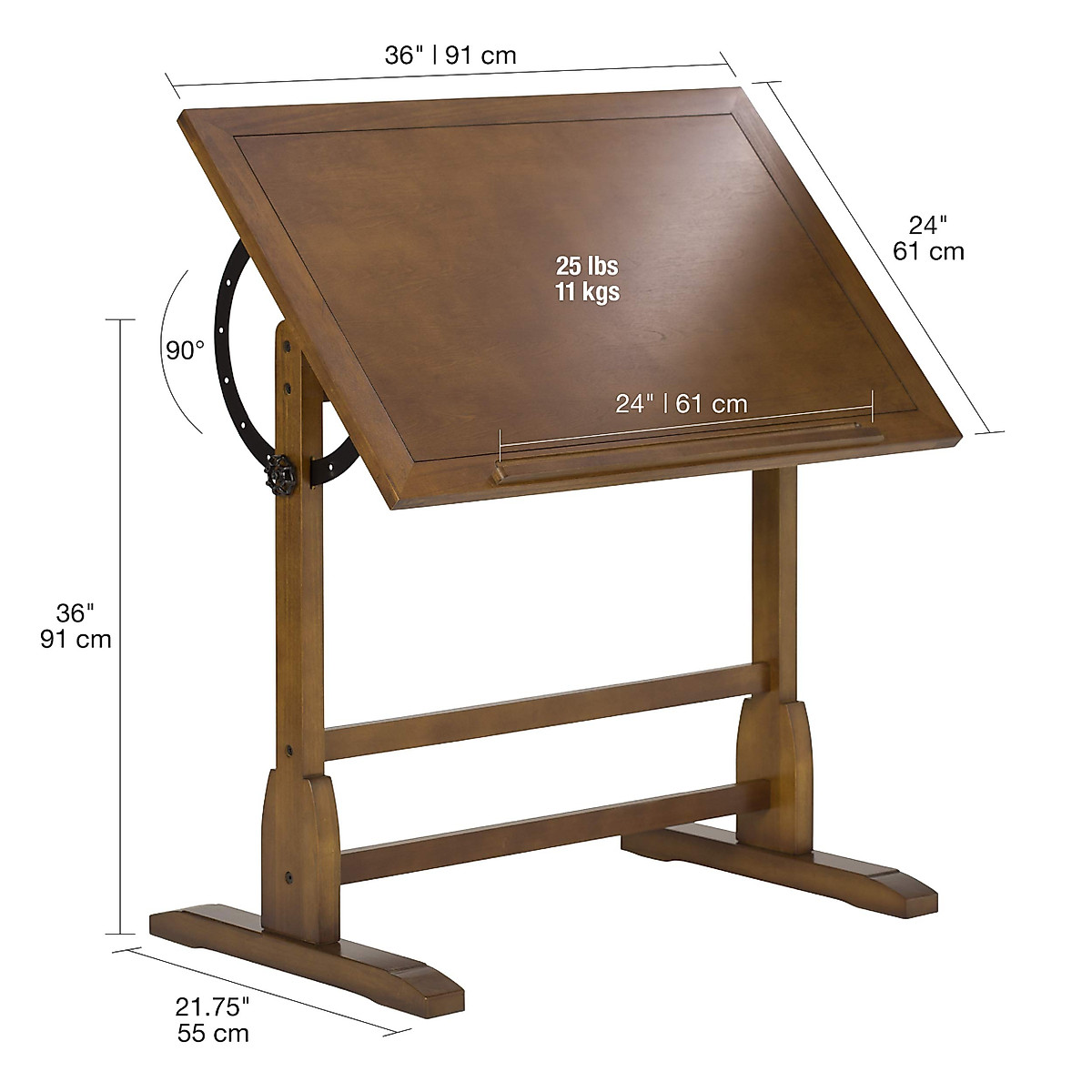 SD Studio Designs Vintage Rustic Oak Top Adjustable Drafting Craft Drawing Hobby Table Writing Studio Desk, 36''W x 24''D