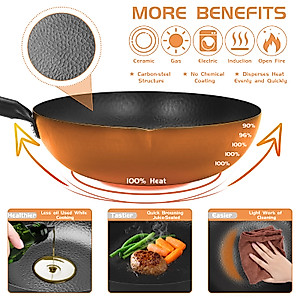 Cookeriess Hand Hammered Carbon Steel Wok, Wooden Lid Asian Spatula with Handle - Stir Fry Pan for Chinese, Japanese, and Cantonese Cuisine – Flat Bottom Wok Cooking by Cookeries / 2 Accessories