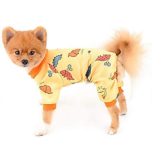 SELMAI Dog Pajamas with Feet Dinosaur Pjs for Small Dogs Cats Boys Girls Fleece Four Legs Jumpsuit Warm Pet Puppy Chihuahua Clothes for Winter Autumn Walking Outdoor Cold Weather Apparel Yellow L