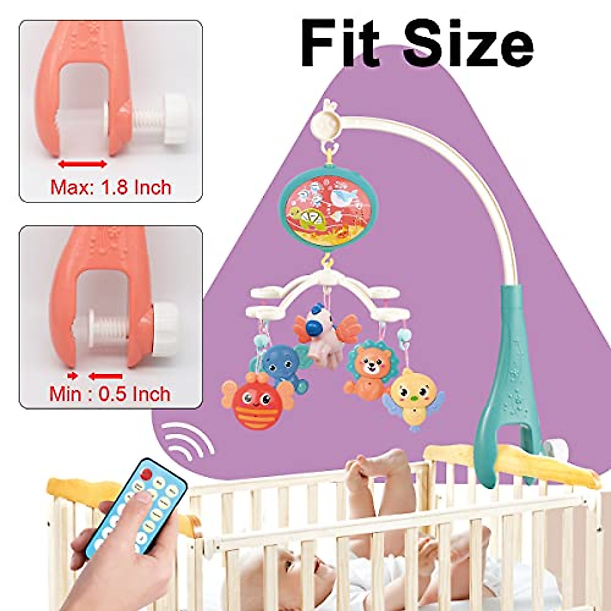 MARUMINE Baby Musical Crib Mobile with Night Light, Timer, Hanging Rattles, Nursery Ceiling Star Projector, Take Alone Music Box with Remote, Relaxing Soother Toys for Newborn Babies Boys Girls