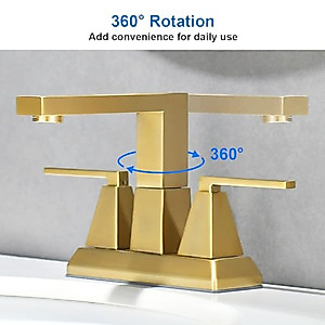 BRAVEBAR Brushed Gold 2 Handle Bathroom Faucet - 4In Centerset Faucet Bathroom | Modern Brass Faucets for Bathroom Sink with Pop Up Drain Assembly & 360° Swivel Spout Gold