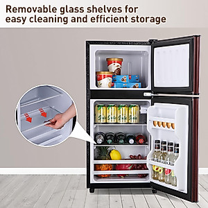 OOTDAY 3.4 Cu.Ft Compact Refrigerator, Small Fridge with Double Door, Apartment Size Refrigerator with 7 Level Adjustable Thermostat Control Perfect for Kitchen Dorm Apartment Office Wood