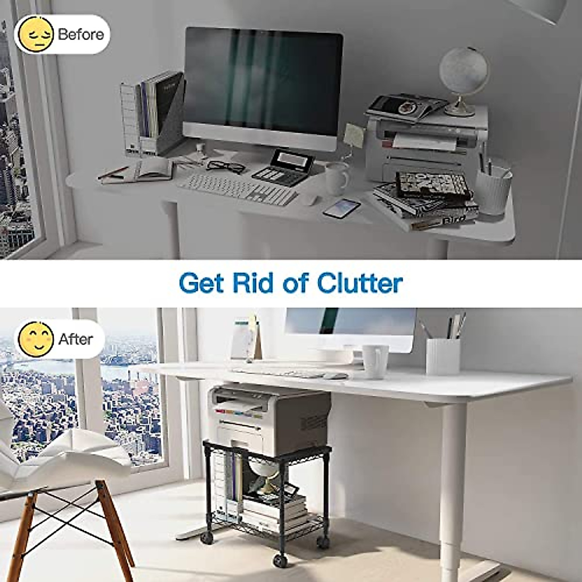 HUANUO Under Desk Printer Stand, 2 Tier Printer Cart for Storage, Mobile Printer Table with Swivel Wheels, Holds up to 100lbs, Perfect Desk Organizer Shelf for Home & Office, HNPS02