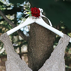 Heread Wedding Hangers White Wood Color Flower Bride Dress Hanger Leaf Groom Suit Hanger Engraved Wedding Grown Hanger with Ribbon Bow Knot for Women and Men (Bride (Pack of 1))