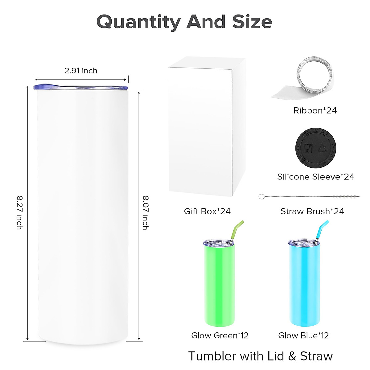 FASTSUB 24 Pack Sublimation Tumblers 20 oz Blank Bulk Luminous Cups Glow in the Dark Straight Double Wall Vacuum Insulated with Lids and Straws for Tumbler Heat Press Glow Green Glow Blue