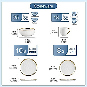 LOVECASA Stoneware Dish Set for 4, Handmade Plates and Bowls Sets, 16 PCS White and Gold Dinnerware Sets, Dishwasher Safe