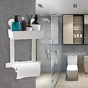 LEVERLOC Suction Shower Caddy With Paper Towel Holder, Bathroom Shower Basket Wall Mounted Shower Organizer for Shampoo, Facial Cleanser, Hand Sanitizer, Shower Rack for Kitchen & Bathroom, Drill-Free