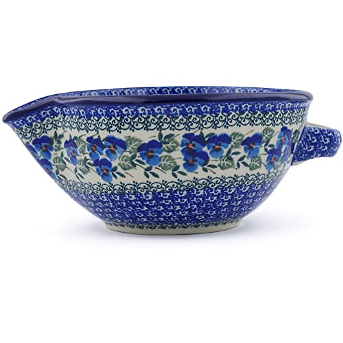 Authentic Polish Pottery 7½-inch Batter Bowl made by Ceramika Artystyczna (Blue Pansy Theme) + Certificate of Authenticity