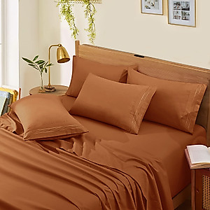 Horbaunal Extra Deep Pocket King Sheets - Fits Mattress 18-24 Inches Deep - 6 Pieces Hotel Luxury 1800 Thread Count Microfiber Sheet Set - Ultra Soft Caramel Pumpkin King Size Bed Sheets