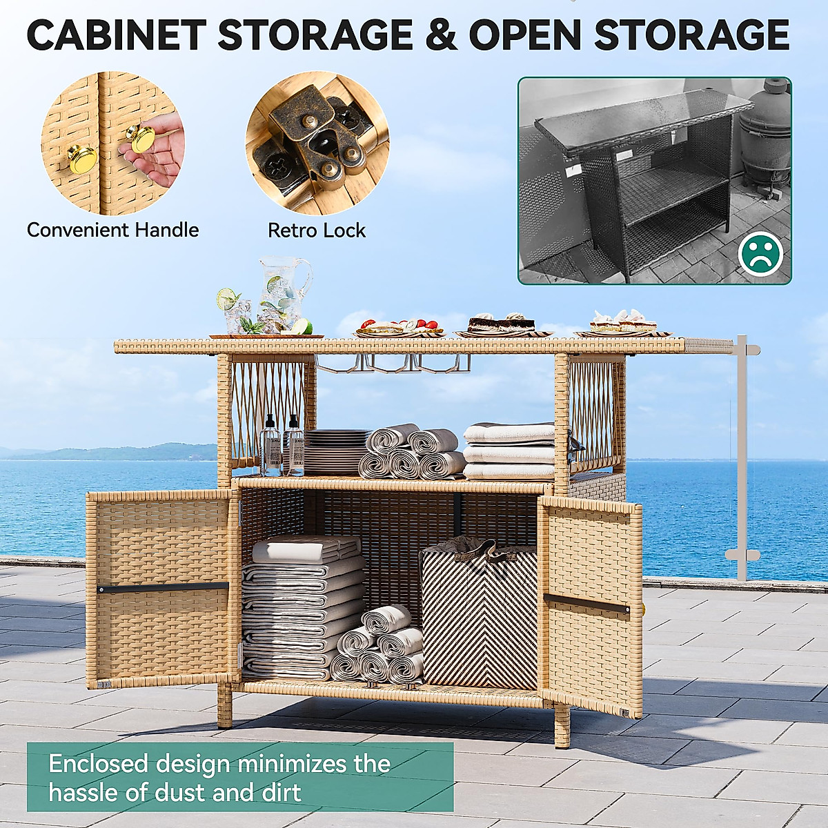 YITAHOME XL Outdoor Storage Cabinet Patio Wicker Bar Table w/Plastic Wood Tabletop, Wine Glass Holders and Built-in Bottle Opener, Light Brown