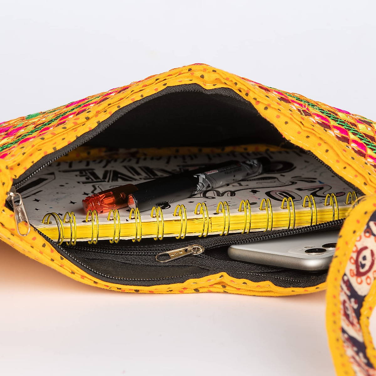 North Creed Crossbody Elephant Flora Embroidery Shoulder Bag, Indian Ethnic Travel Handbag with Zipper Pocket- Yellow