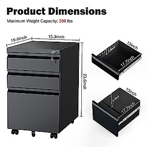 Sweetcrispy File Cabinet - 3 Drawer File Cabinet with Lock, Mobile Rolling File Cabinet, Under Desk File Cabinet with Pre-Assembled, Metal Small File Cabinet for Home Office